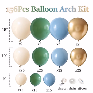 Sage Green Balloon Garland Arch Kit, 156pcs Avocado Green White Sand Gold Dusty Blue Balloons for Baby Shower Boho Bridal Shower Birthday Communion Party Wedding Decorations