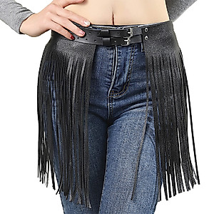 Ayliss Women Punk Waist Belt Tassel Fringe Skirt Belt Vintage PU Leather Waistband Belt Rocker Dance Performance Costume (Black #1)