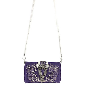 Zelris Western Floral Blossom Buckle Women Crossbody Wrist Trifold Wallet (Purple)