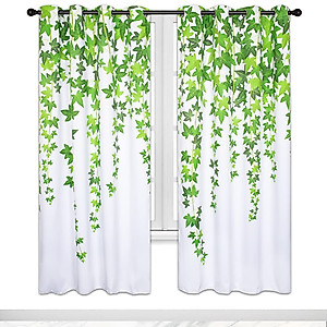 QiyI Green Ivy Plants Window Curtain Panels, Garden Foliage Creepers on White 2 Panels Blackout Curtains for Living Room Bedroom, Nursery Full Light Blocking Door Window Treatment Drapes 52 x 84 Inch