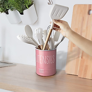 Bivvclaz Kitchen Utensil Holder - 6.7" Utensil Holder for Kitchen Counter - Cooking Utensil Crock with Cork Bottom - Pink Kitchen Decor and Accessories - Utensil Storage Caddy Organizer