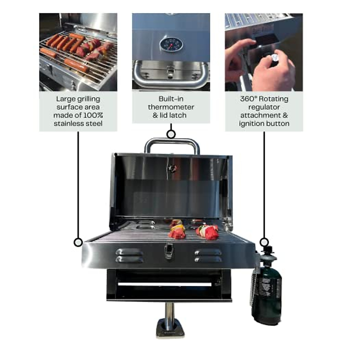 Boat Grill with Mount - Portable Propane Gas BBQ - Grills Secure into Rod Holder | Adjustable Legs for Table Top Use | Stainless Steel Marine Stove -Great Outdoor Barbecue