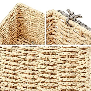 EZOWare Pack of 4 Paper Rope Wicker Storage Baskets with Lid, Lidded Woven Braided Organizer Cube Bins Boxes for Baby Kids Toy Nursery Room Home Closet - Beige and Gray