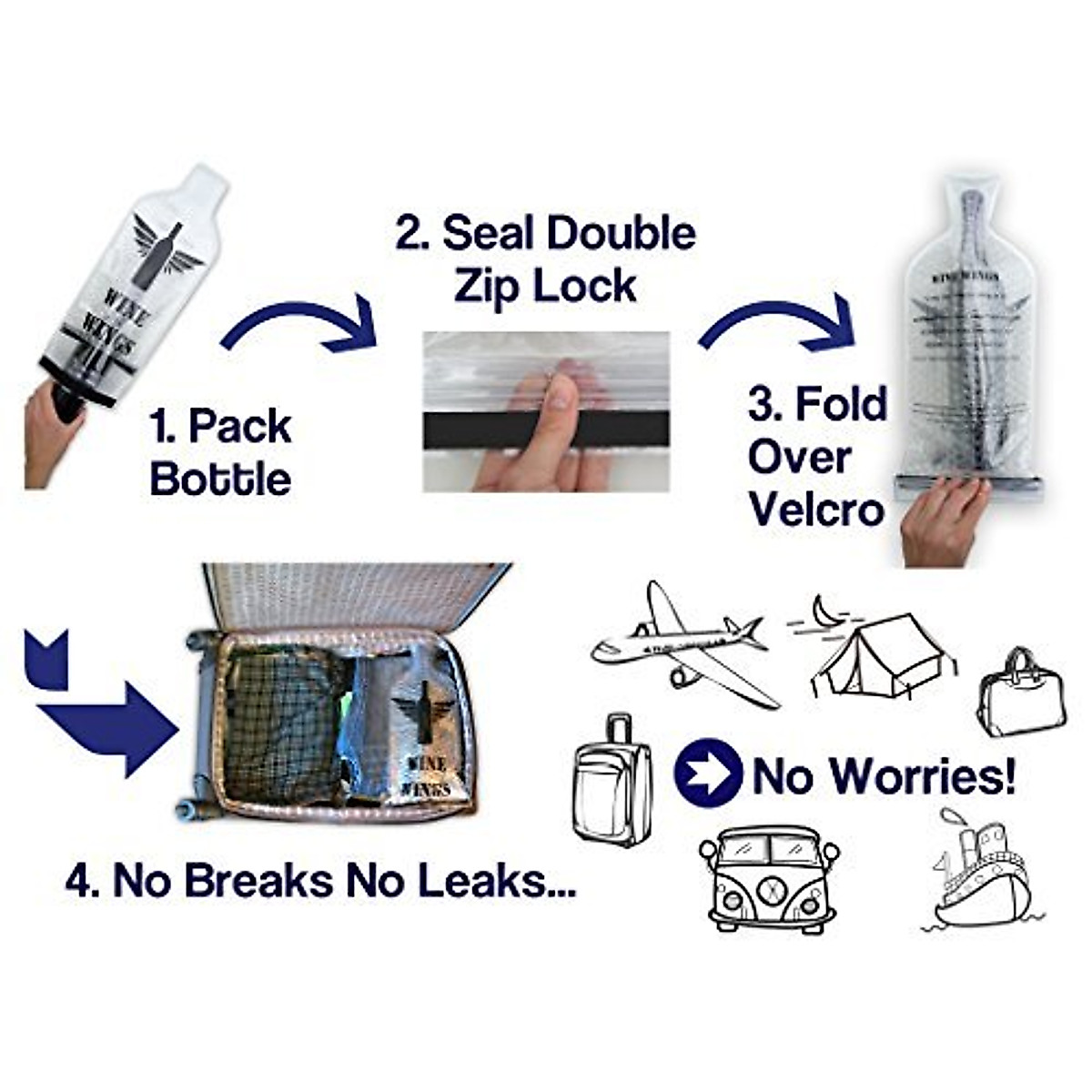 Wine Wings Upgraded 4 Pack Reusable Bottle Protector Sleeve Travel Bag Luggage Leak Safe