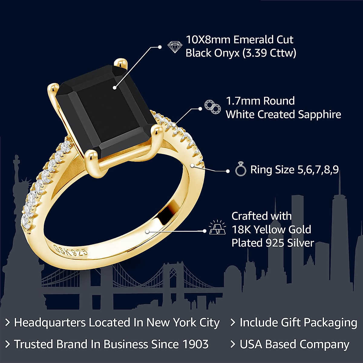 Gem Stone King 18K Yellow Gold Plated Silver Black Onyx and White Created Sapphire Ring For Women (3.39 Cttw, Gemstone Birthstone, Available in size 5, 6, 7, 8, 9)