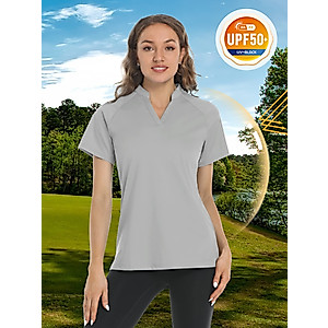 TACVASEN Women's Golf Shirts V Neck Short Sleeve Collarless Active Exercise Tops, Light Grey, L