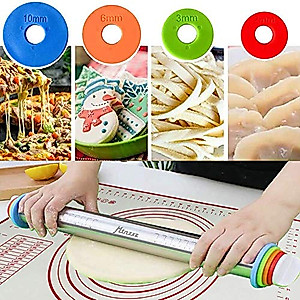 Rolling Pin and Silicone Baking Pastry Mat Set, Stainless Steel Dough Roller, Rolling Pins with Adjustable Thickness Rings, for Baking Dough, Pizza, Pie, Pastries, Pasta, Cookies