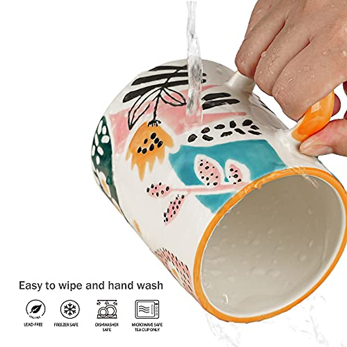 Taimei Teatime Ceramic Coffee Mug with Lid, Mug Set of 2, 17.6oz Coffee Mug with Handle, Large Mug for Coffee Latte, Tea, Handpainted Floral Mugs for Women, Dishwasher Safe and Microwaveable