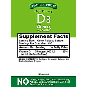 Vitamin D3 1000 IU | 130 Softgels | High Potency D | Non-GMO, Gluten Free, Soy Free | by Nature's Truth