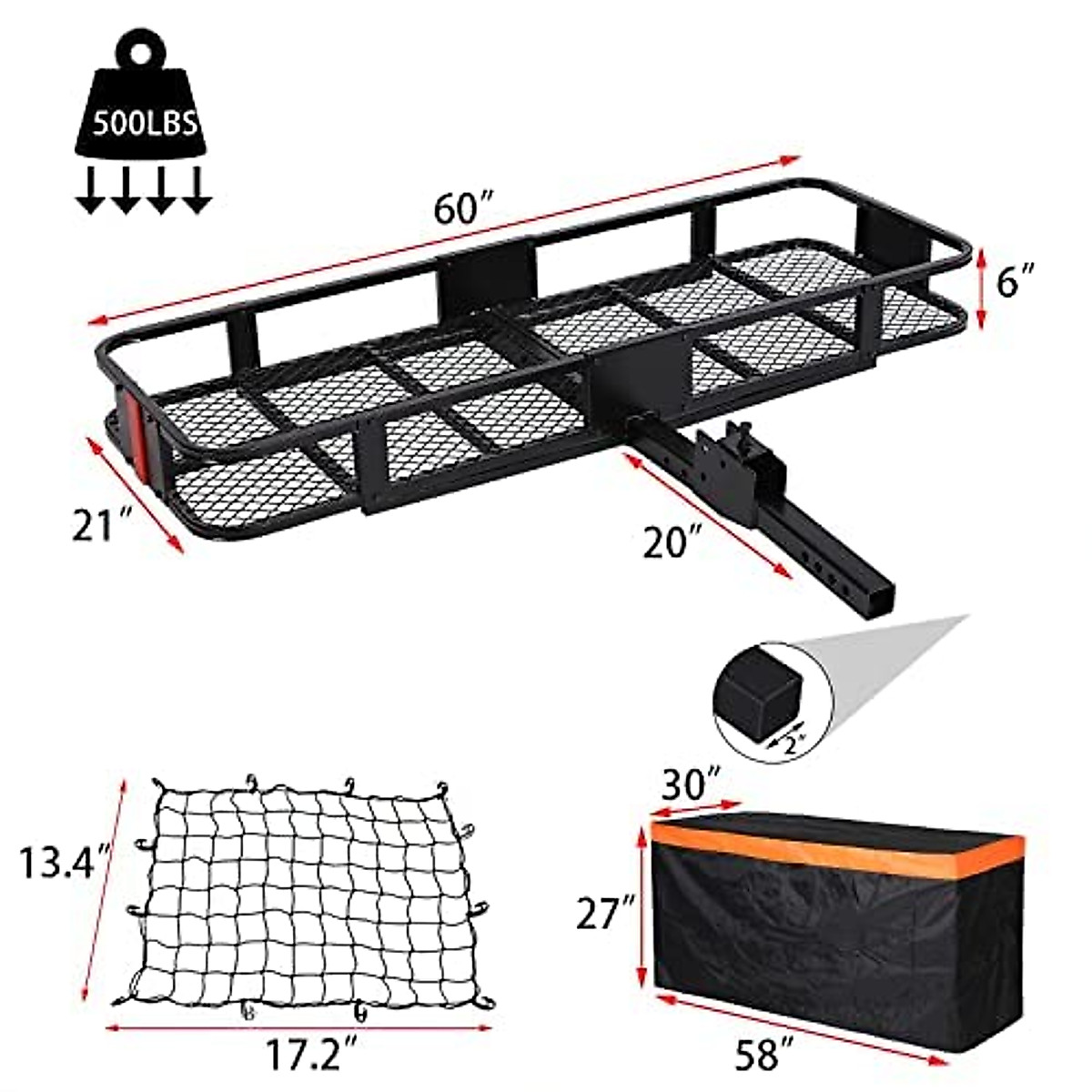 Basket Trailer Hitch Cargo Carrier 60"x 21" Folding Trailer Hitch Luggage Rack with Cargo Bag and Net, 550 LBS Capacity Vehicle Cargo Carriers Hitch Mount Fit 2" Receiver for SUV, Truck, Car