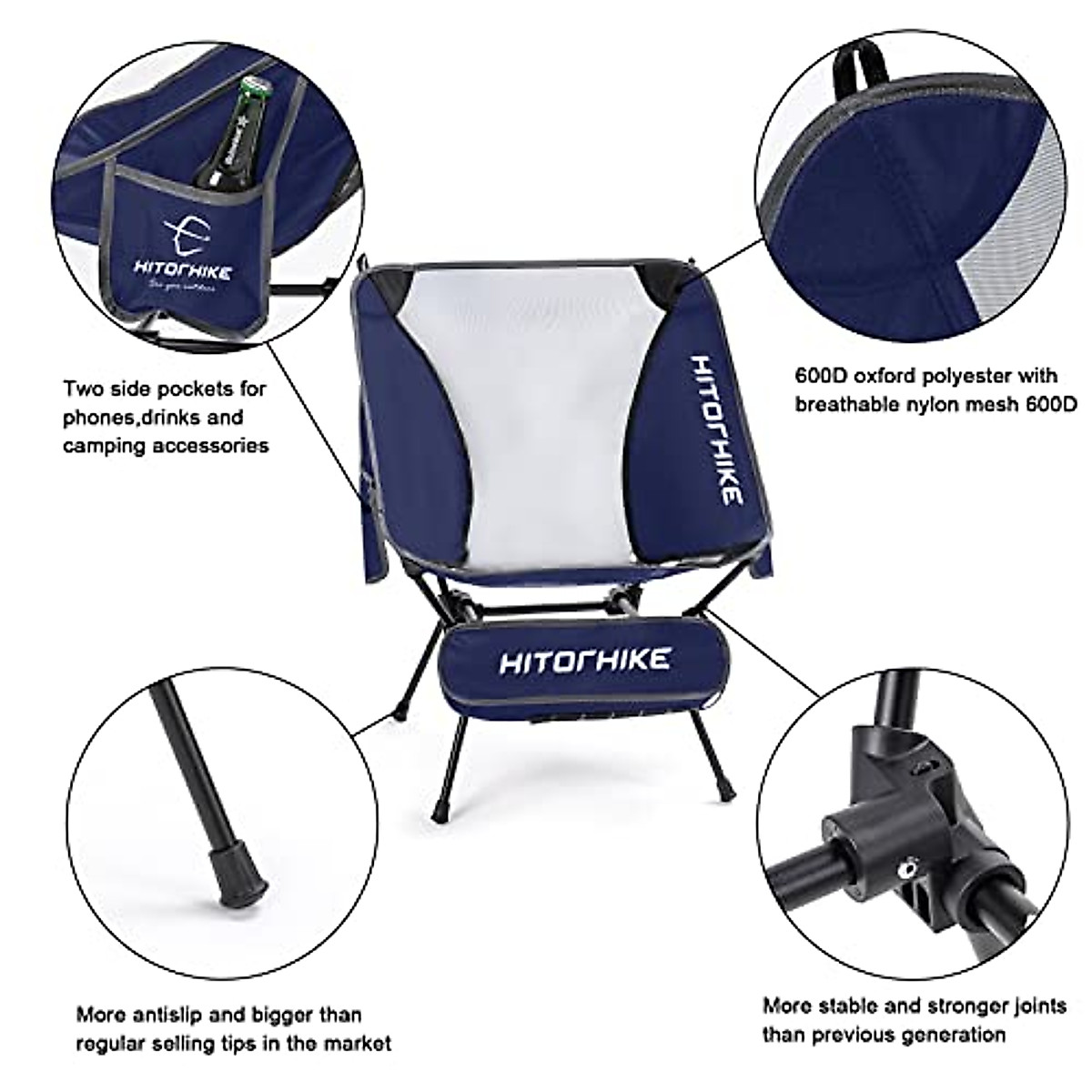 HITORHIKE Camping Chair Backpack Camping Folding Chair Breathable Mesh Structure Aluminum Frame with 2 Side Pockets Camping Chair Compact Ultralight Carrying Bag（Navy Blue 2PCS ）