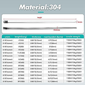 JOUGU Metal Zip Ties 11.8 inch 304 Stainless Steel Locking Cable 250LB 300mm 100pcs Heavy Duty Exhaust Wrap Multi Purpose Binding for machinery, vehicles, farms, cables, pipes,Fence