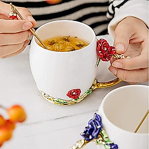 Ceramic Coffee Cup, 3D Flower Cup Tea Mug with Spoon,Enamel Rose Flower Mugs for Women ,Birthday Christmas Gifts