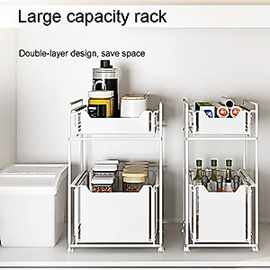 LEAYAN Under Sink Storage 2 Tier Cabinet Rack Under Sink Shelf,Under Sink with Sliding Drawer,Under Sink Organizer Removable,for Kitchen and Bathroom Under Sink Rack Shelf, White 37.5 * 28 * 43.5cm