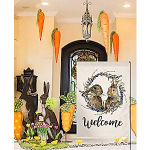 Spring Easter Bunny Lavender Welcome Garden Flag Vertical Double Sided Burlap Yard Rabbit Wreath Outdoor Decor 12.5 x 18 Inches