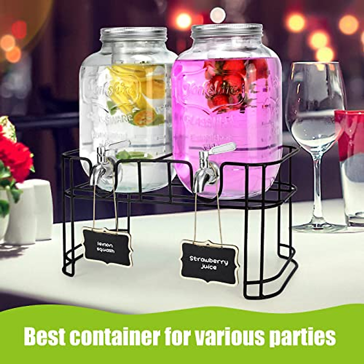 1 Gallon Glass Drink Dispensers For Parties 2PACK.Beverage Dispenser，Drink Dispenser With Stand And Stainless Steel Spigot 100% Leakproof.Glass Drink Dispenser With Ice Cylinder. Lemonade