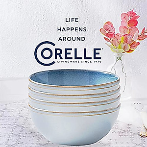 Corelle Stoneware 4-Pc Bowl Set, Handcrafted Artisanal Double Bead Bowls, Reactive Glaze Stoneware, 21-Oz Bowl Set, Nordic Blue