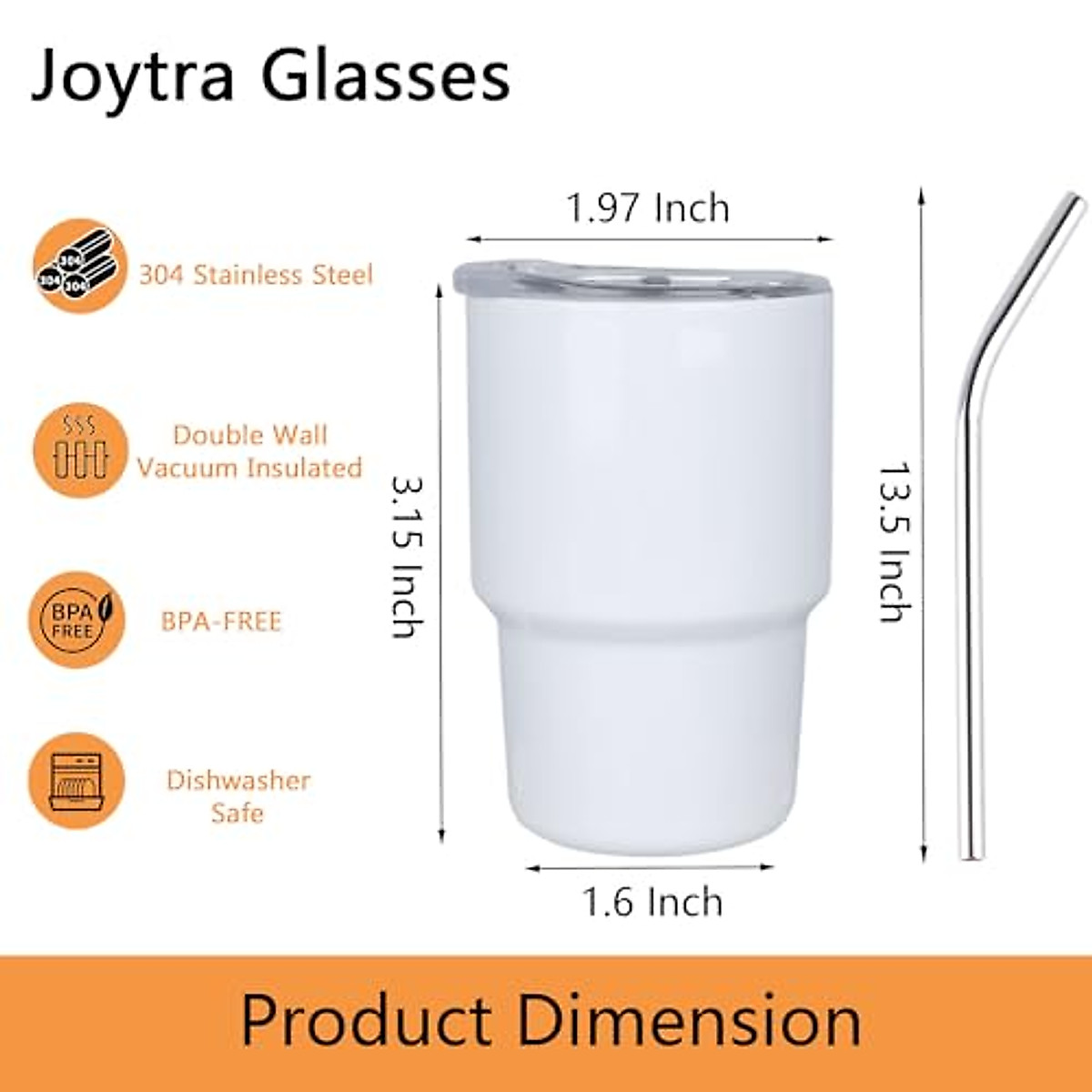 Joytra 8 Pack 3 oz Sublimation Mini Tumbler Shot Glass,Double Wall Vacuum Sealed Stainless Steel Insulated Cups with Lid and Straw,Thermos Travel Coffee Mug For Cocktail,Whiskey,Bar,White