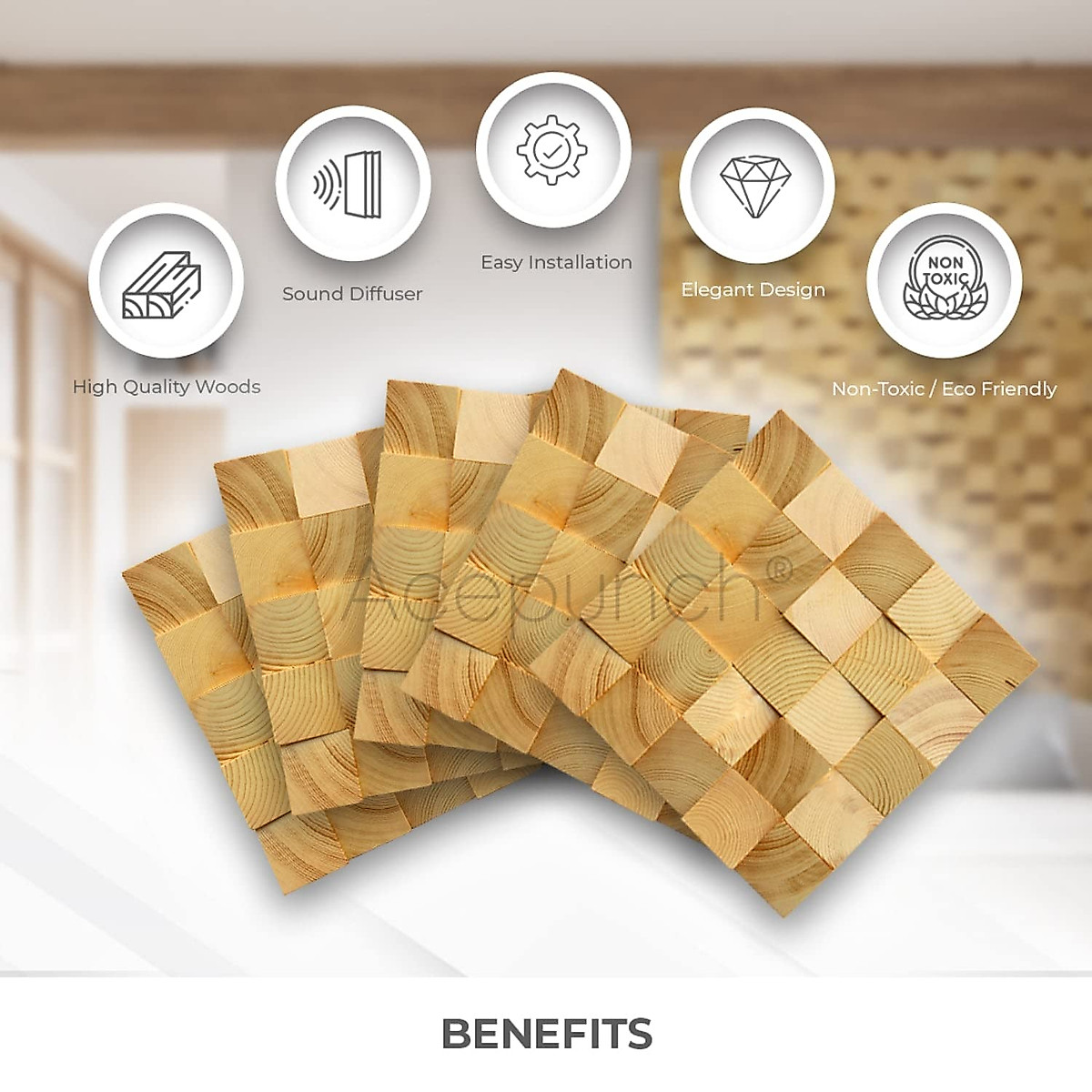 Acepunch 6 Finland Wooden 3D Wall Art Panel Home Decorative Sound Absorbing Dampening Tile Soundproofing Acoustic Music Insulator Noise reduction Home Office Studio Room Finnish Style 12x12in AP1234