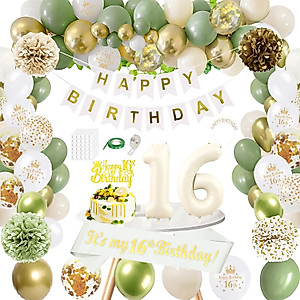 GYESXYW Sage Green 16th Birthday Decorations for Girls, Olive Green and Gold Sweet 16 Party Decorations Set, Happy Birthday Banner, Birthday Sash, Crown, Confetti Balloons for Her Party Supplies