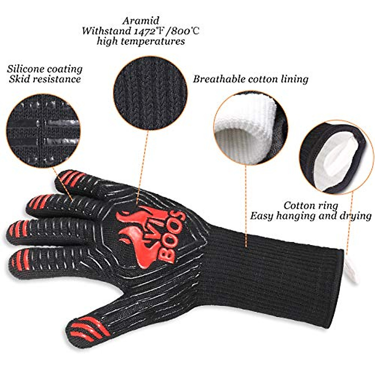 BBQ Grill Gloves, 1472℉ Extreme Heat Resistant Grilling Gloves for Cooking,Baking and for Smoker, Silicone Insulated Cooking Oven Mitts, 13 Inch Long Non-Slip Potholder Gloves,1 Pair (Black & Red)