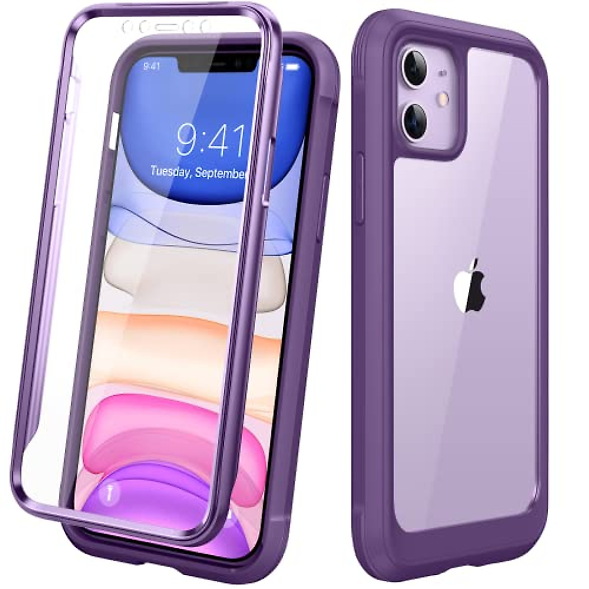 Diaclara Compatible with iPhone 11 Case, Full Body Rugged Case with Built-in Touch Sensitive Anti-Scratch Screen Protector, Soft TPU Bumper Case Clear Compatible with iPhone 11 6.1" (Purple and Clear)