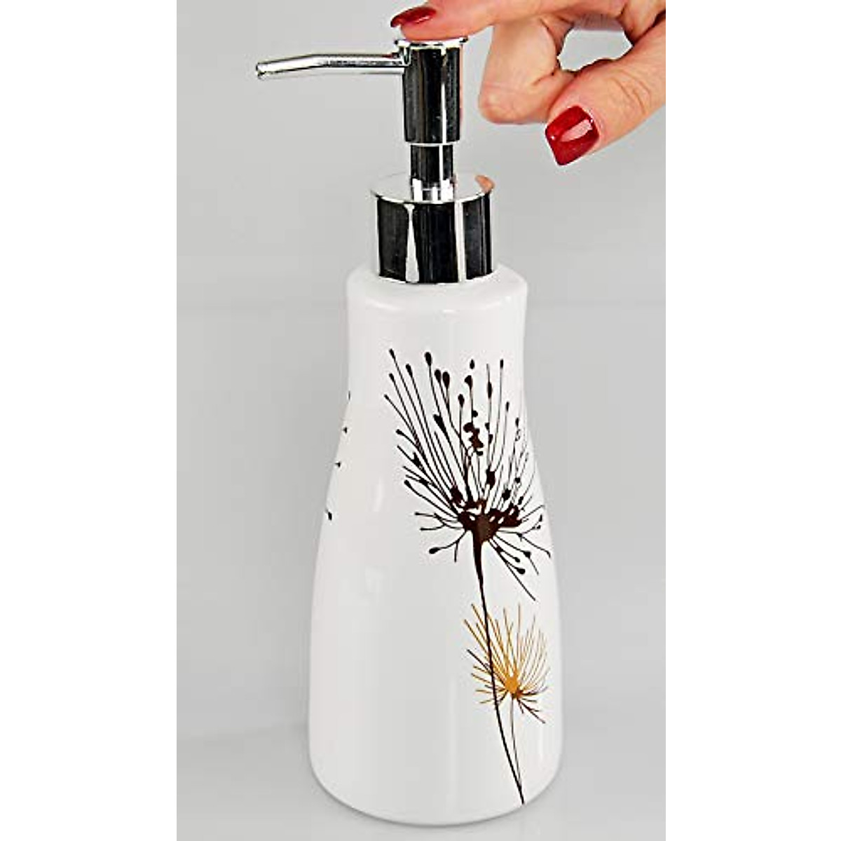 HOME-X Bathroom Accessory Set, 4-Piece Set with Soap Dish, Liquid Dispenser, Tumbler, and Toothbrush Holder, White with Flower Print