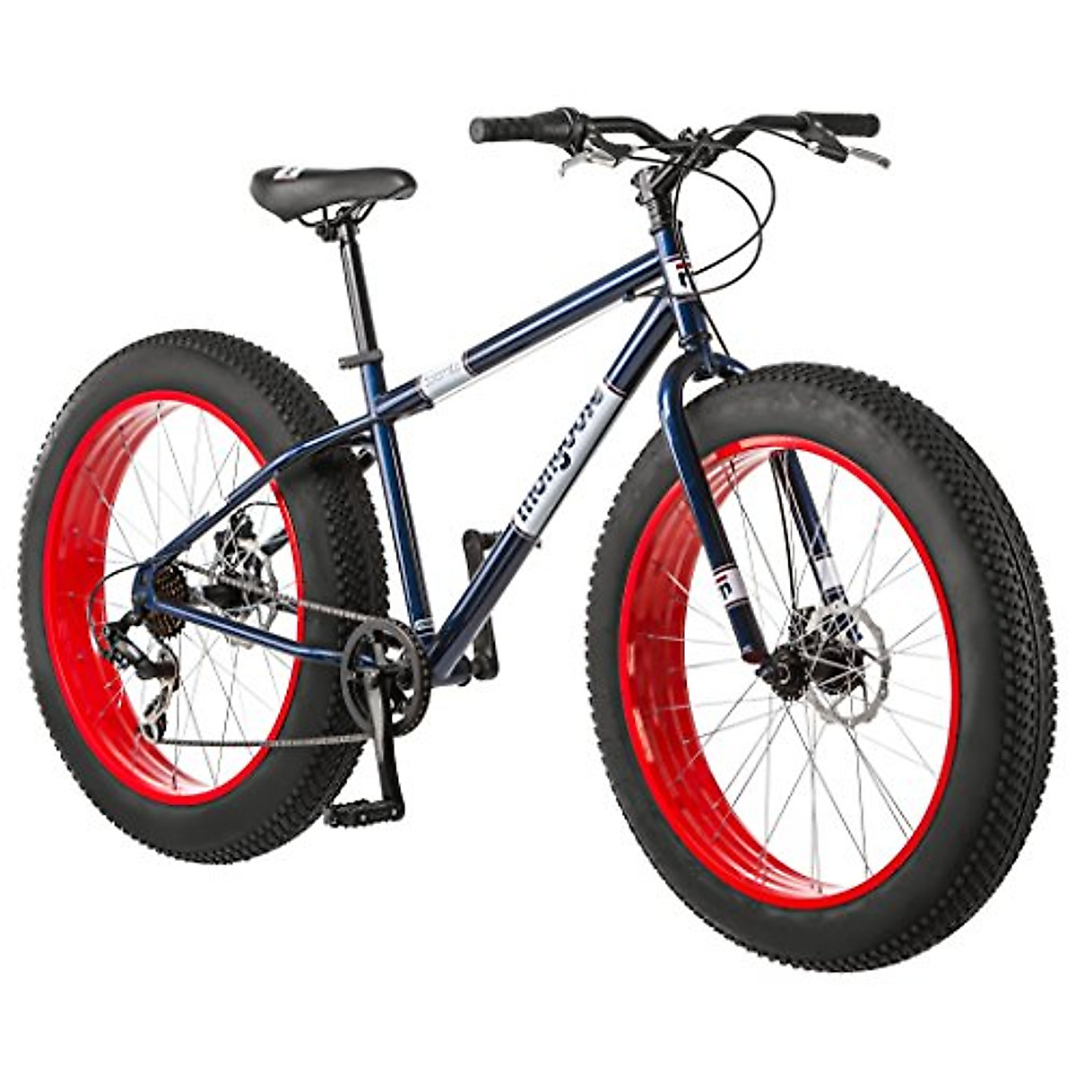Mongoose Dolomite Mens and Womens Fat Tire Mountain Bike, 26-inch Wheels, 4-Inch Wide Knobby Tires, 7-Speed, Adult Steel Frame, Front and Rear Brakes, Navy Blue