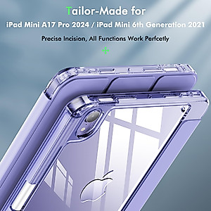 INFILAND for iPad Mini 7 case, iPad Mini 7th (A17 Pro) /6th Generation Case 8.3 inch 2024/2021, Clear Back & PU Leather Protective Cover with Pencil Holder Support Wireless Charging, Purple