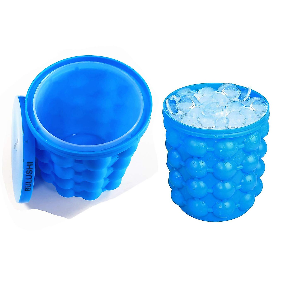 BULUSHI Large 2 in 1 Silicone Ice Bucket & Ice Mold with lid,Silicon Ice Cube Maker Genie, Portable Silicon Ice Cube Maker Blue 13.2X13.2X14CM