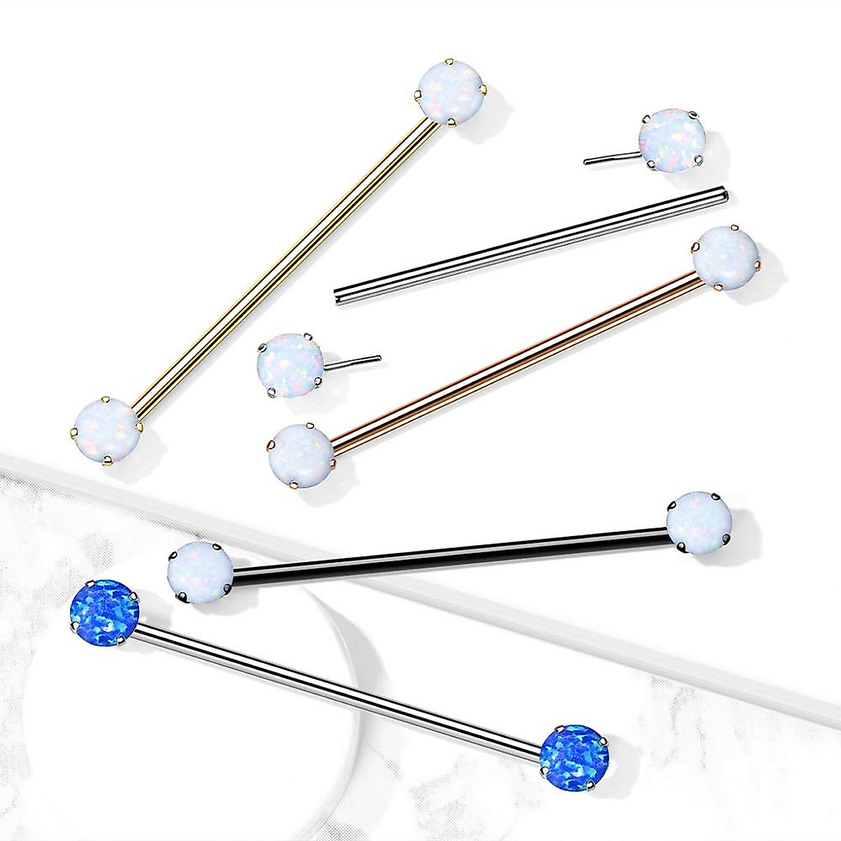 Pierced Owl 14G Stainless Steel Threadless Push-in Prong Synthetic Opal Industrial Barbell (Silver Tone/White Opal)