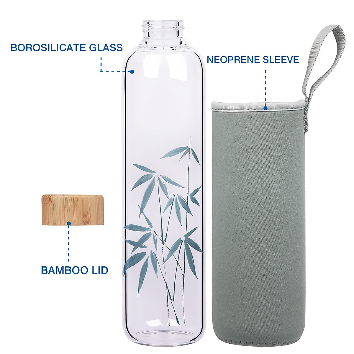 Cleesmil Borosilicate Glass Water Bottle 16 oz / 32 oz BPA Free Reusable Glass Drinking Bottle with Neoprene Sleeve and Bamboo Lid (32 oz, Bamboo)