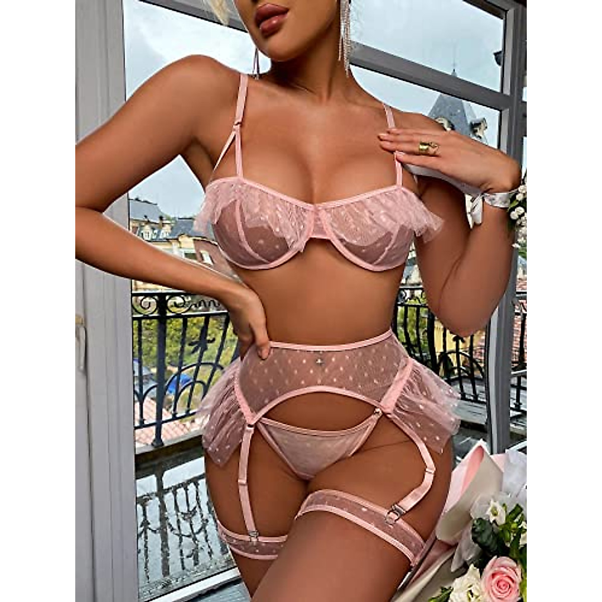 SOLY HUX Women's Valentines Sexy Mesh Lingerie Set Lace Teddy Strap Babydoll Bodysuit with Garter Belts Pure Pink M