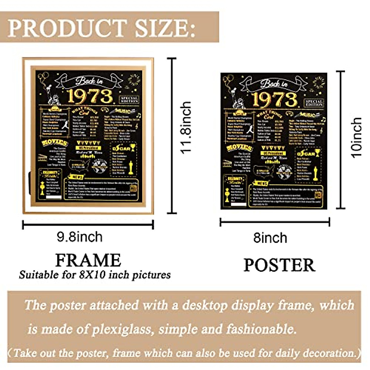 FALAMON Framed 50th Birthday Gifts for Men or Women, 8x10 Inch Birthday Decorations Anniversary Poster, 50 Year Old Birthday Card Party Supplies Gifts for Wife Husband, Back in 1973