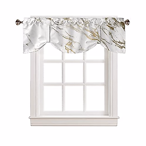 Tie Up Valance Curtains Rod Pocket 54 x 18In, White Gold Marble Short Curtain for Kitchen Cafe Bedroom Living Room Window, Thermal Insulated Decor Valances for Windows, Wild Symbol
