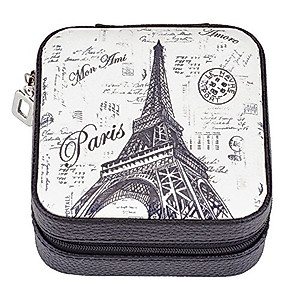 Yoption Paris Tower Pattern PU Jewelry Holder Box Display Accessories Ring Earring Bracelet Storage Zipper Case PU Leather Portable Traval Jewelry Box Organizer (Black)