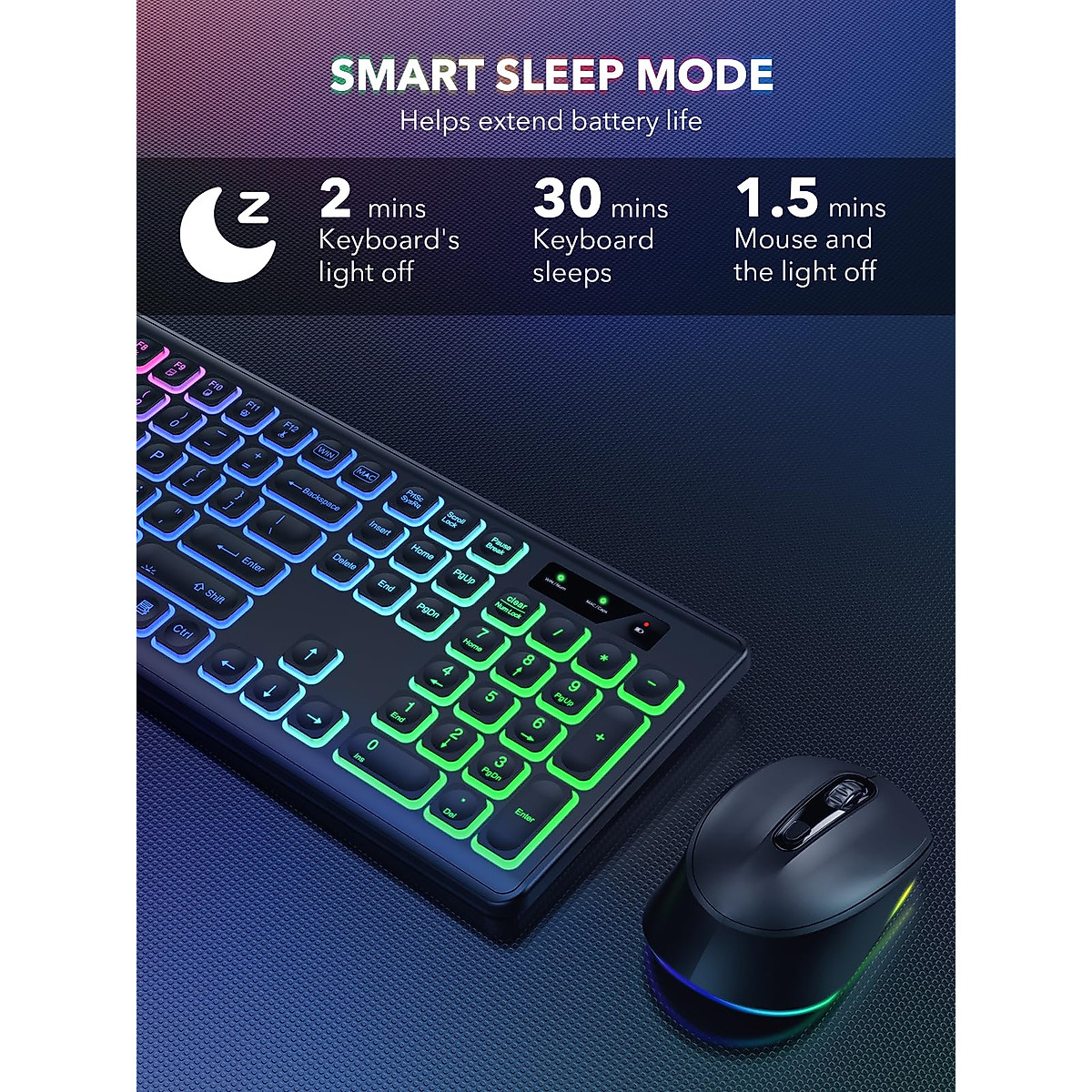 Wireless Keyboard and Mouse Backlit, Quiet Light Up Keys, Tilt Legs, Sleep Mode - Rechargeable USB Cordless Combo for Computer, iMac, PC, Laptop - by SABLUTE, Black