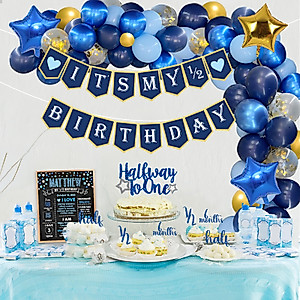 111 PCs Half Birthday Decorations Baby Boy, Fiesec 6 Months Birthday Decorations Boy Happy 1/2 Birthday Backdrop Balloon Garland Its My 1/2 Birthday Banner Cake Cupcake Topper Tie Crown Poster Blue