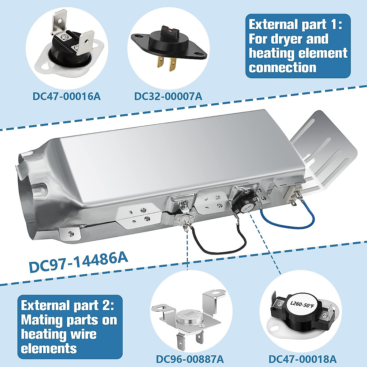 DC97-14486A Dryer Heating Element Heater Duct Assembly Replacement for Samsung Dryer Parts Replace DC97-14486D DC97-08891A 1795935 AP4342351 PS2432265