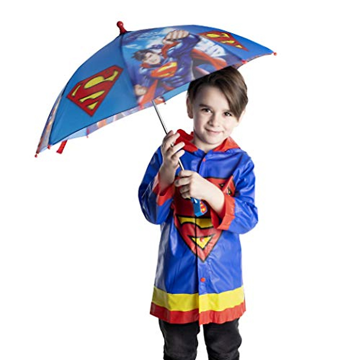 DC Comics Kids Umbrella and Poncho Raincoat Set, Batman & Superman Boys Rain Wear for Toddler 2-3 or Kids 4-7