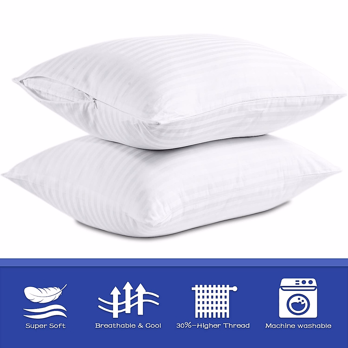 100% Cotton Pillow Protectors with Zipper Queen Size, White Pillow Cases for Home & Hotel, Sateen Soft Cooling Hidden Zippered Pillow Case Protector for Hair & Skin, 20x30 in, 1 Pack