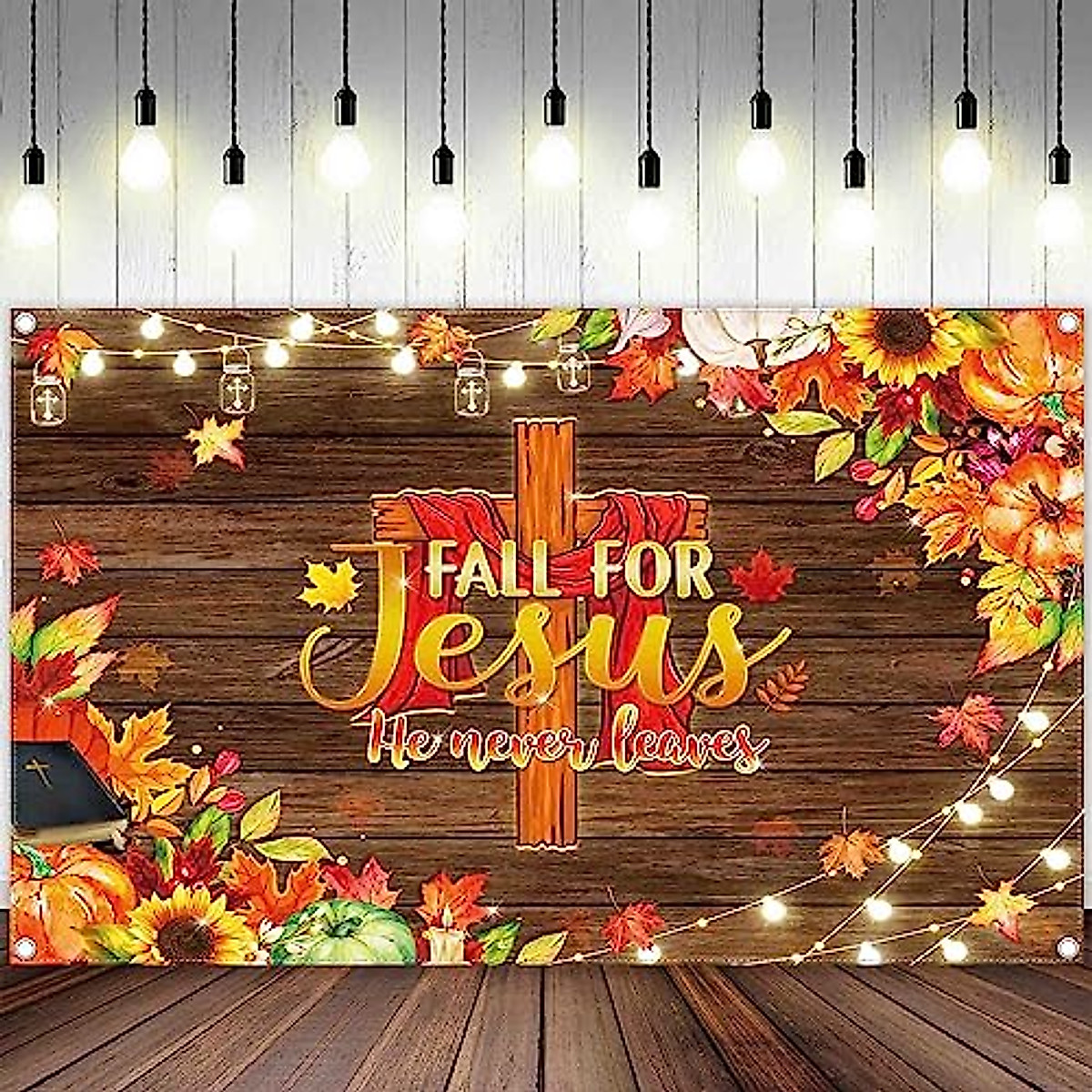 Swepuck 72x43inch Fall for Jesus Backdrop He Never Leaves Photography Background Autumn Thanksgiving Party Decoration Maple Leaves Pumpkin Friendsgiving Photo Banner