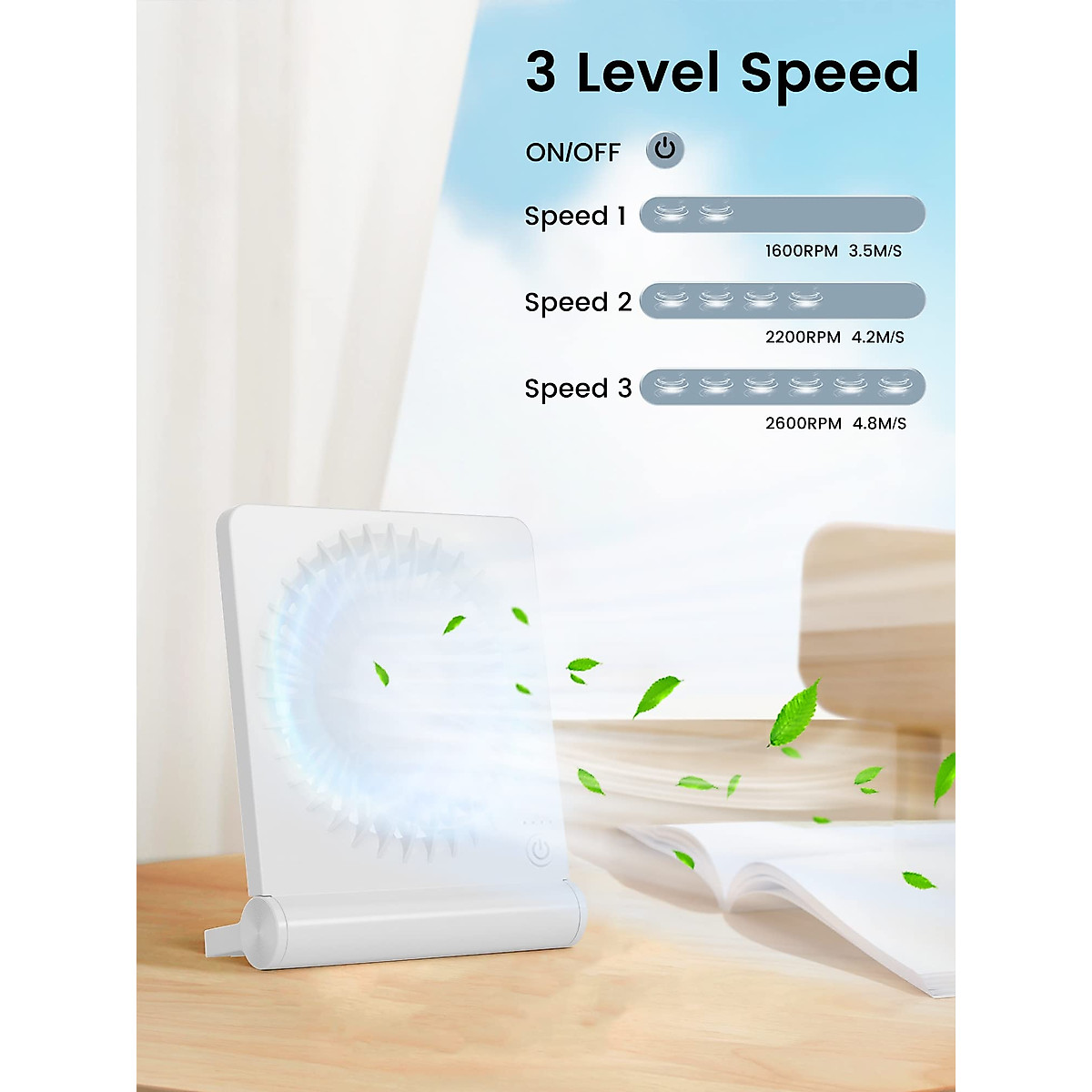 FERRISA Desk Fan On-The-Go, Small But Powerful, Portable Fan Battery Operated, 220° Tilt Folding Ultra Quiet mini Personal Fan, Strong Wind, 3 Speed Adjustable For Office Desktop Travel (White)