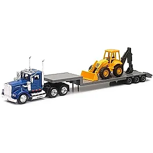 Kenworth W900 Truck with Lowboy Trailer Blue and Backhoe Yellow Long Haul Trucker Series 1/43 Diecast Model by New Ray 15303B