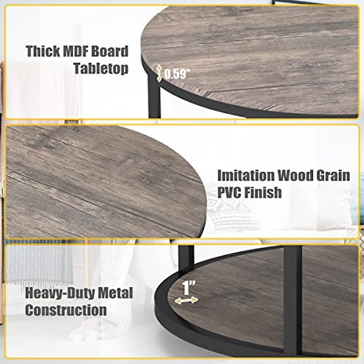 WiberWi Round Coffee Table 35.8" Rustic Vintage Industrial Design Furniture Sturdy Metal Frame Legs Sofa Table Cocktail Table with Storage Open Shelf for Living Room, Easy Assembly, Gray Brown1