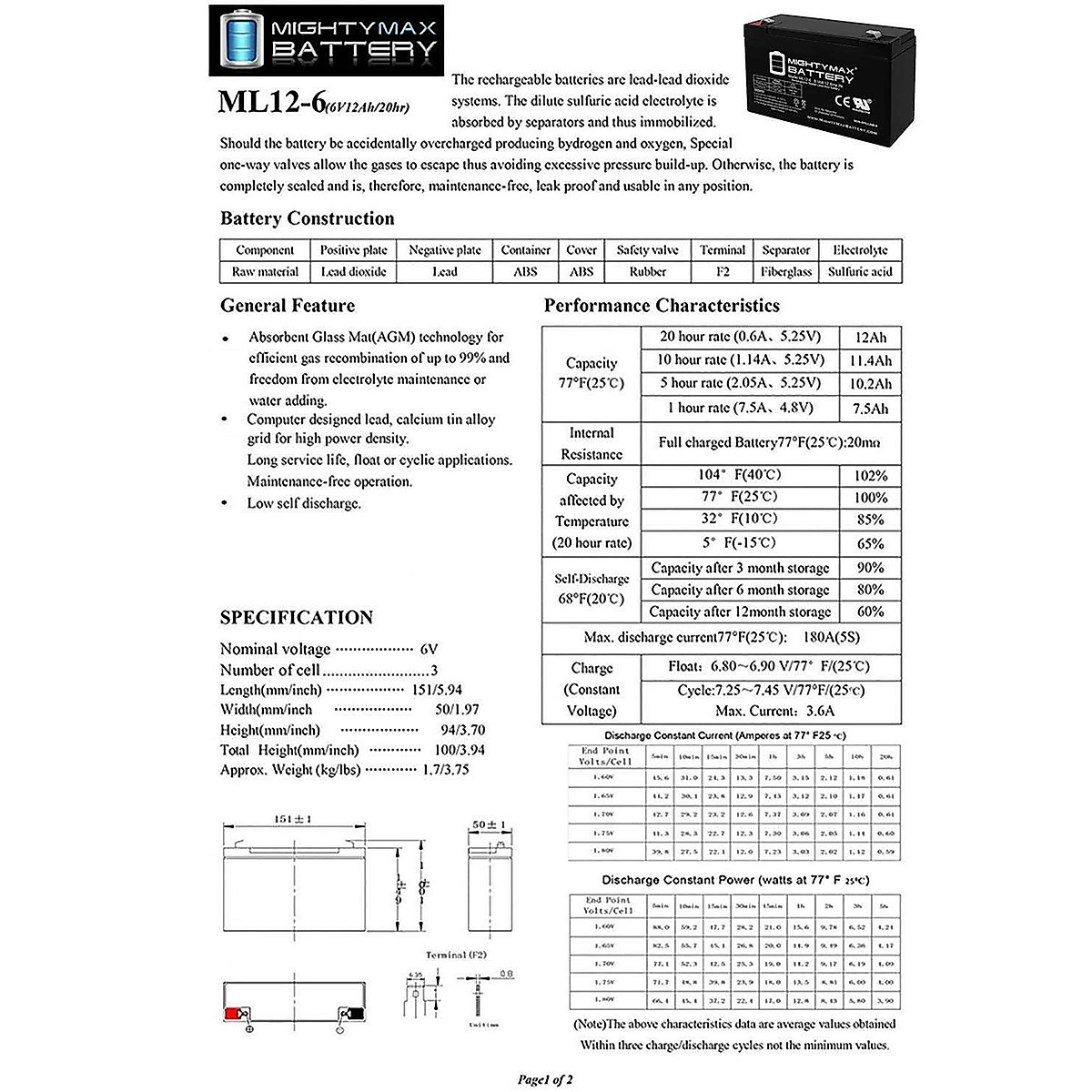 Mighty Max Battery 6V 12AH F2 SLA Replacement Battery for Dual Lite 0120800-2 Pack