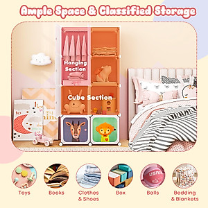 Costzon Kids Closet, Cartoon DIY Modular Dresser Storage Organizer with 8 Cubes & Clothes Hanging Rack, Portable Armoire for Baby Toddlers, Kids Wardrobe for Bedroom Nursery, Pink