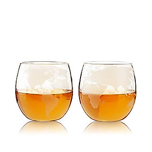Viski Globe Glass Whiskey Tumblers, Etched Glass Whiskey Enthusiast Gift and Glassware Accessory, 12 oz, Set of 2