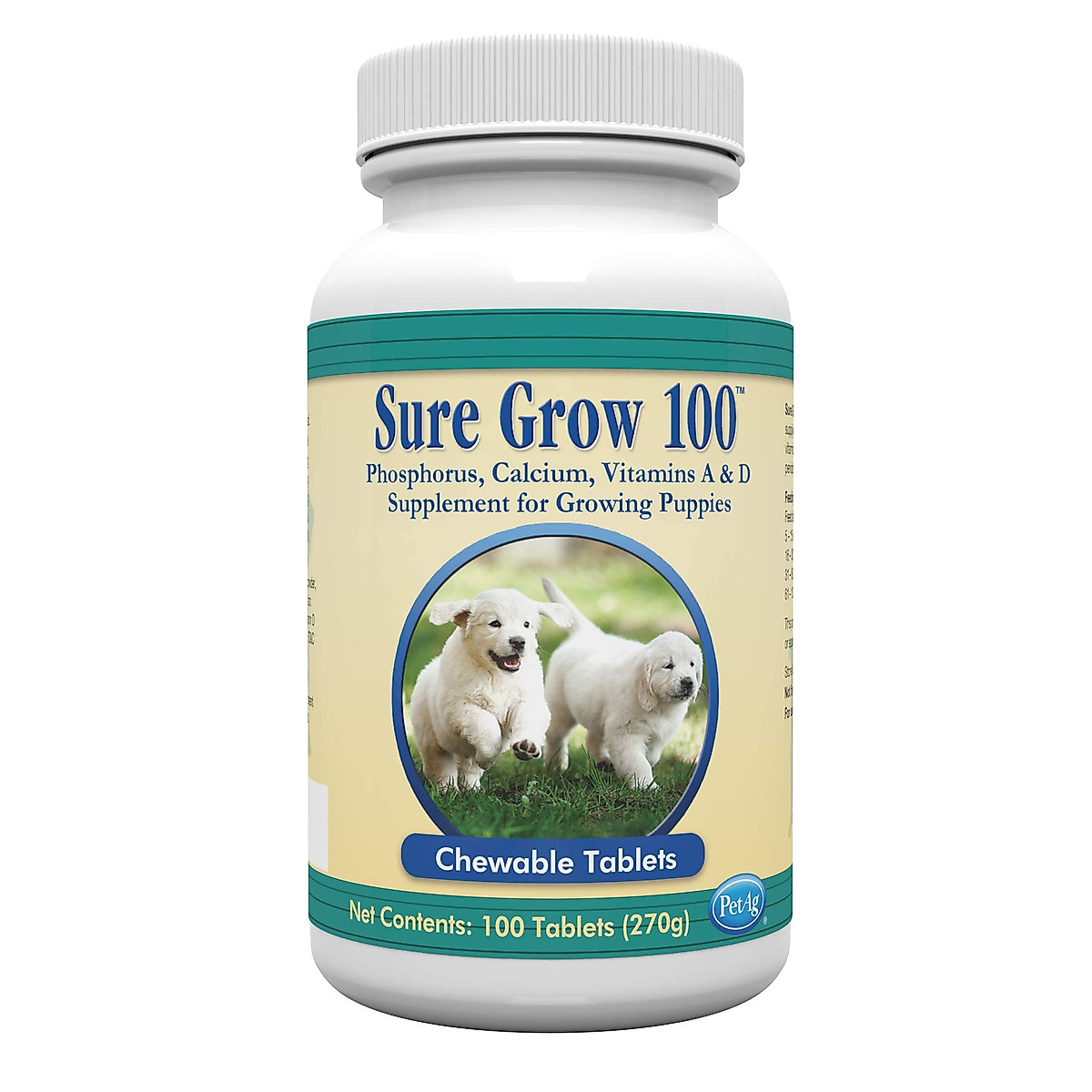 PetAg Sure Grow 100 - Puppy Vitamins - Calcium & Phosphorus Supplement for Dogs - 100 Tablets
