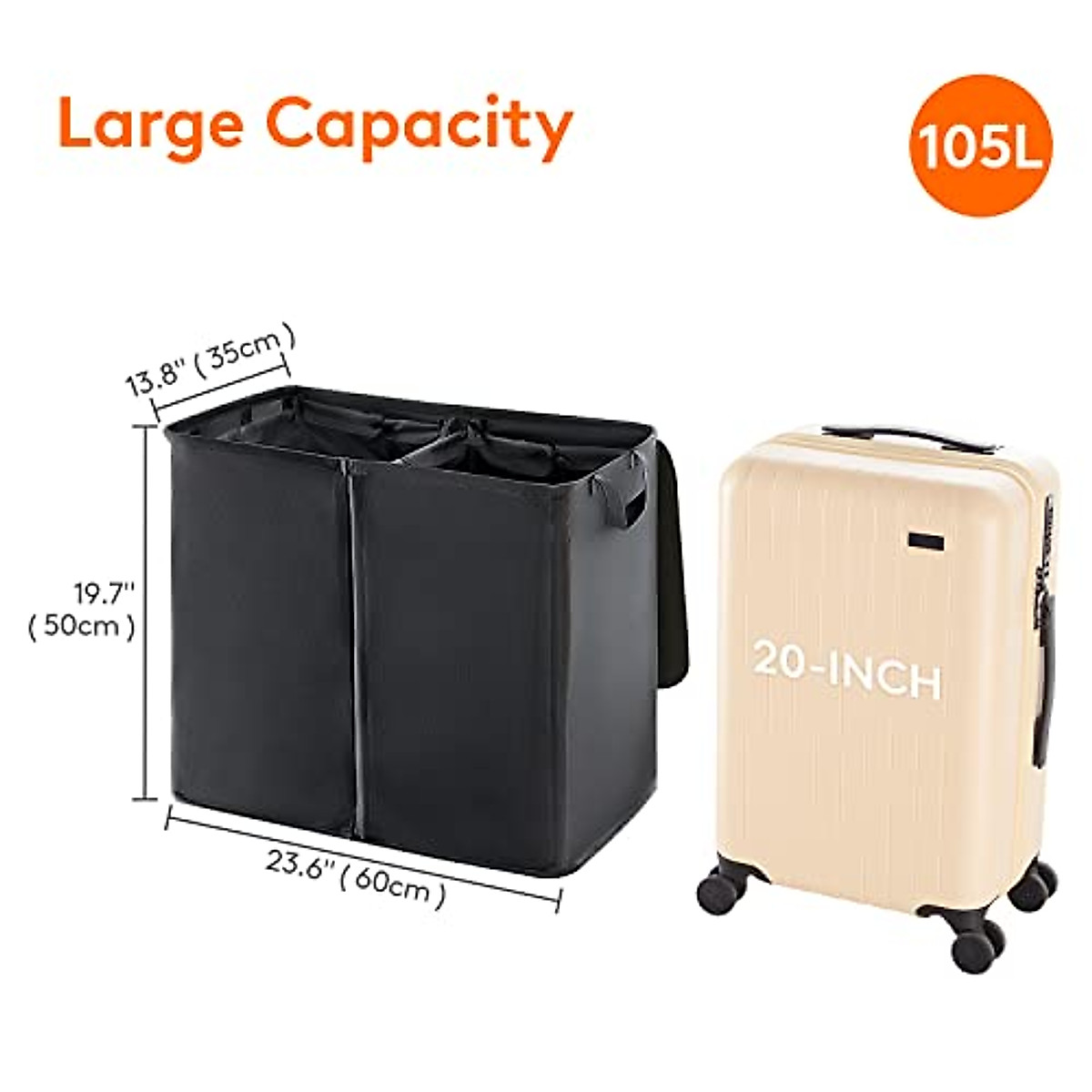 Lifewit 136L Double Laundry Hamper, Bundle with 105L Double Laundry Hamper with Lid and Removable Laundry Bags, Black